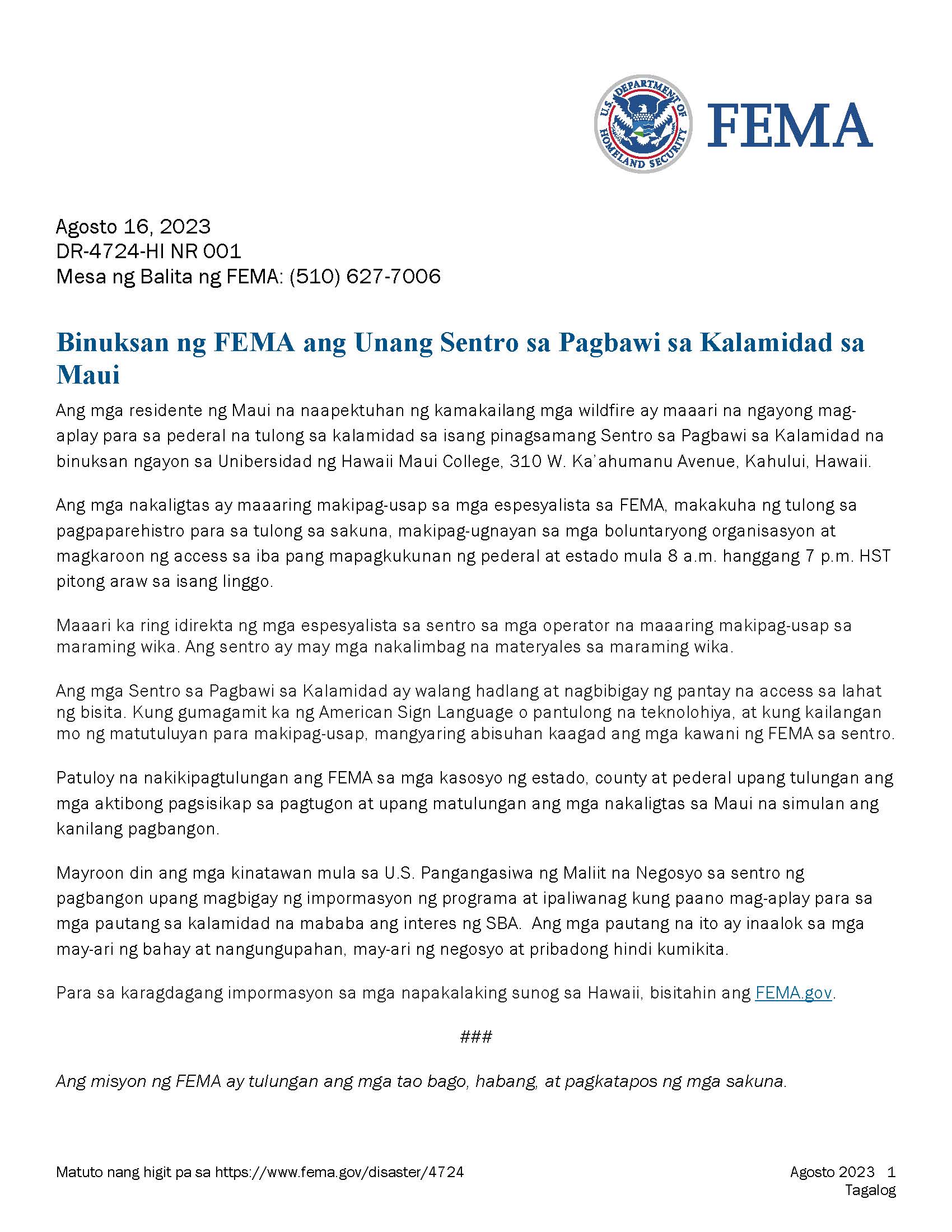 Office of Language Access | TAGALOG Resources for Maui Wildfire